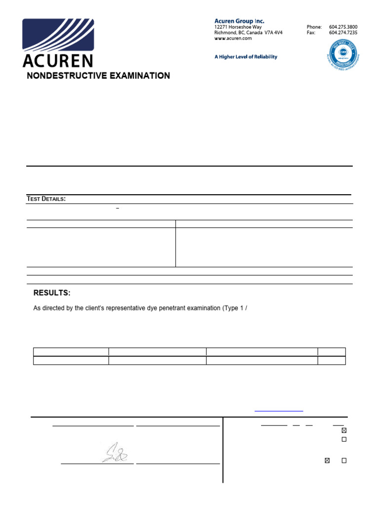 Dye Penetrant Test Report - SU 1010-1072 PO 7579851 LPI | PDF ...