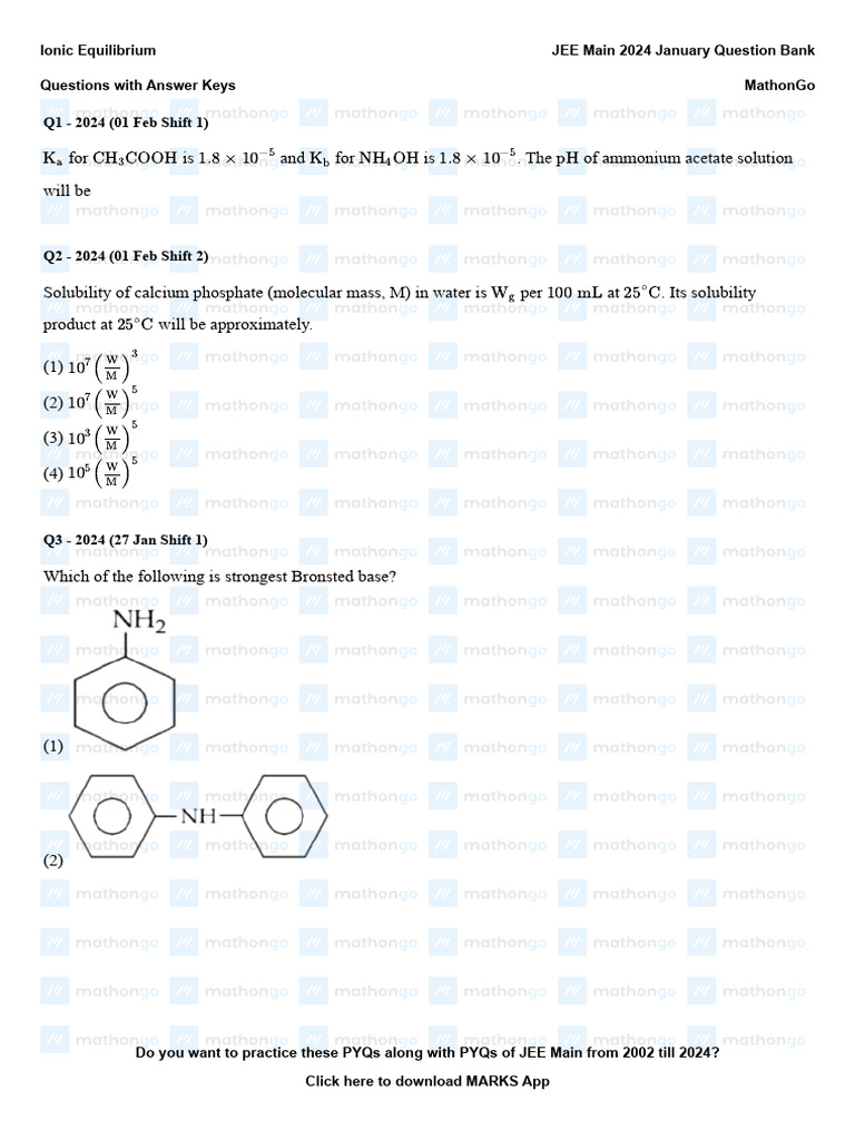 Ionic Equilibrium - JEE Main 2024 January Question Bank - MathonGo | PDF | Acid | Ph