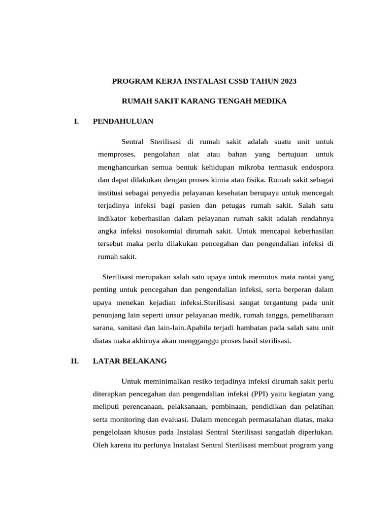 Program Kerja Instalasi CSSD Tahun 2023 | PDF