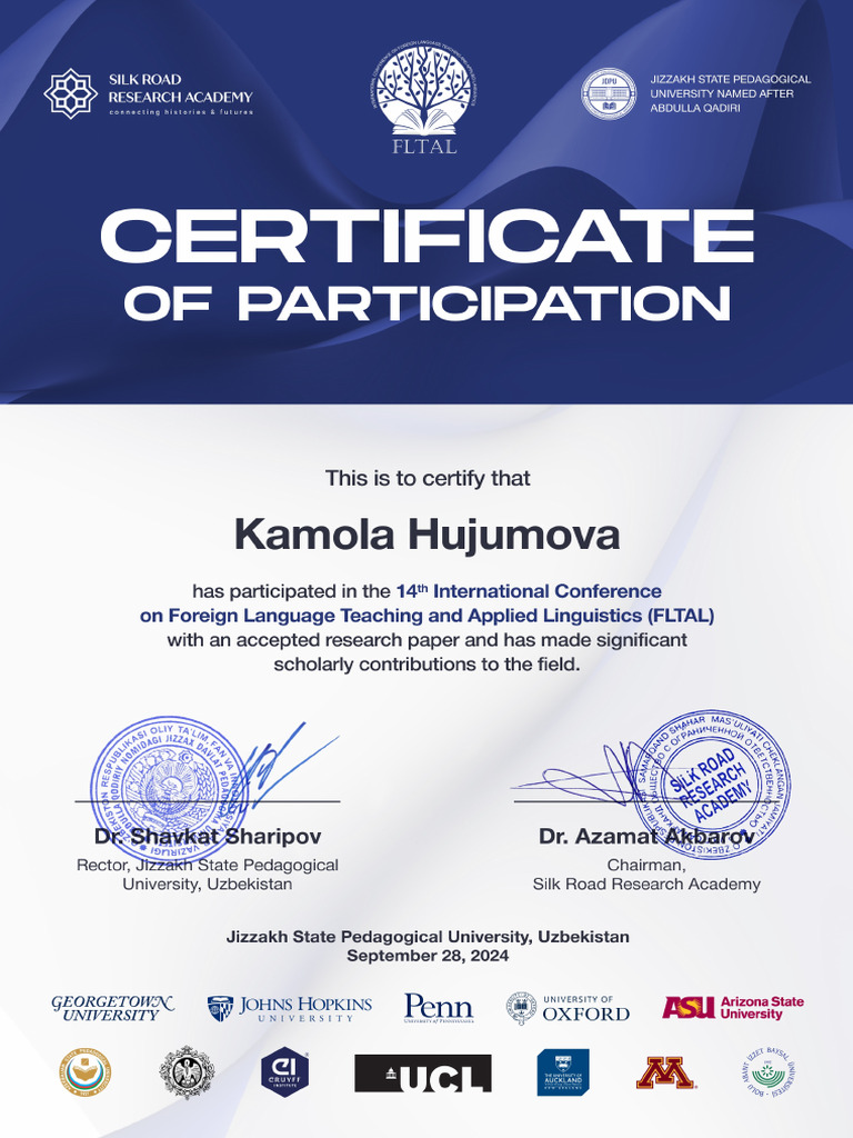 Kamola Hujumova - Certificate of Participation | PDF