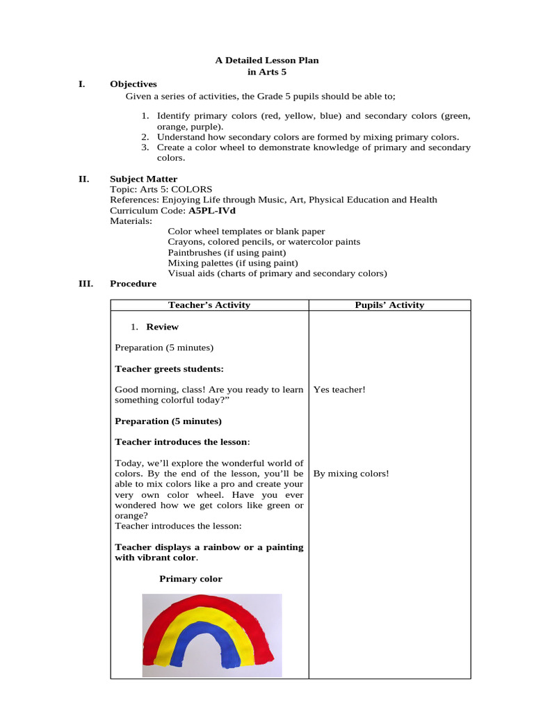 Grade 5 Color Wheel Lesson Plan | PDF | Color | Teachers
