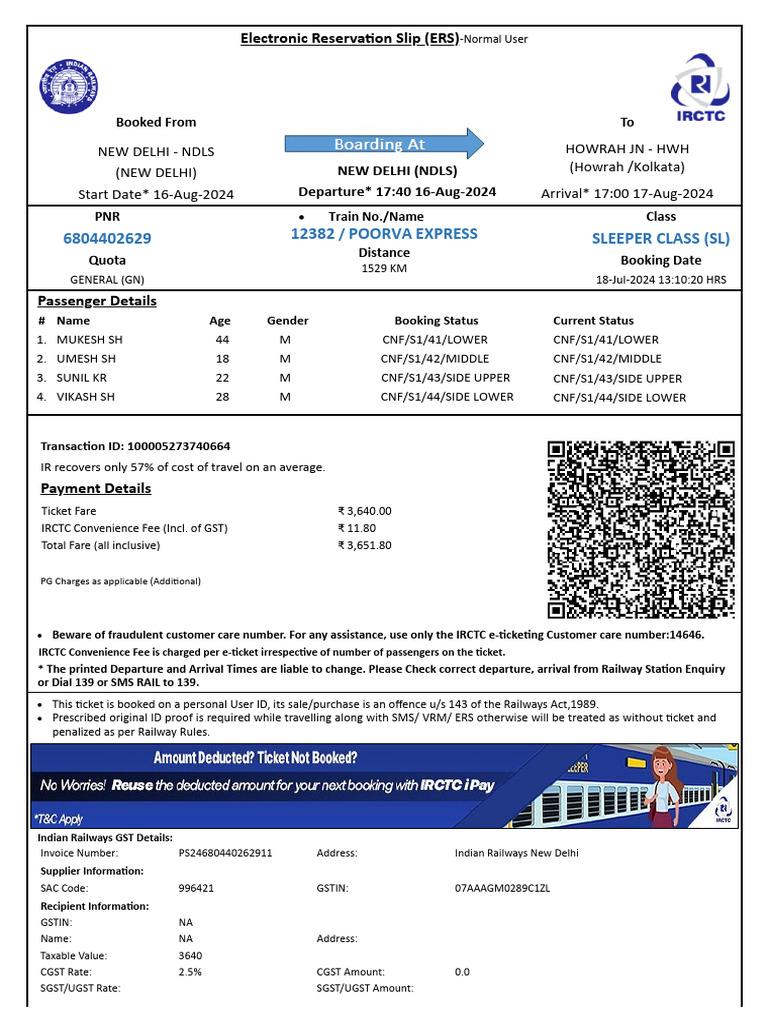 Ndls To HWH (Mukesh+3) 18 Aug 24 | PDF | Payments | Rail Transport