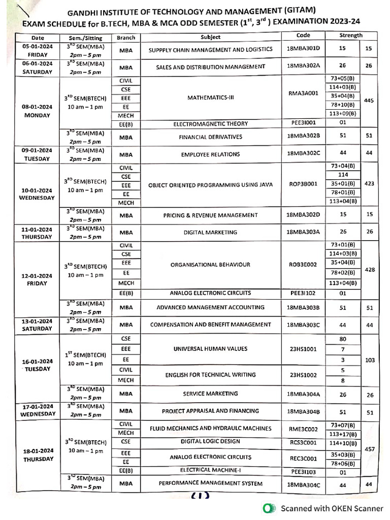 Exam Schedule 1st 3rd BTech MBA MCA | PDF