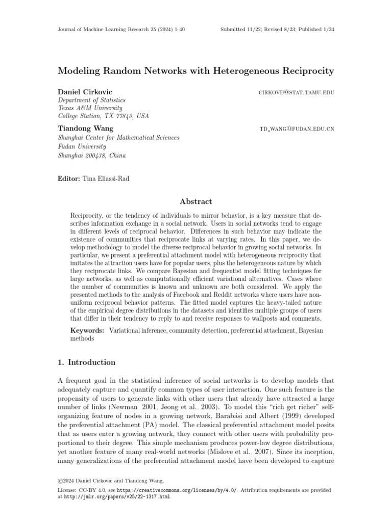 Random Networks With Heterogeneous Reciprocity | PDF | Bayesian Inference | Statistical Inference
