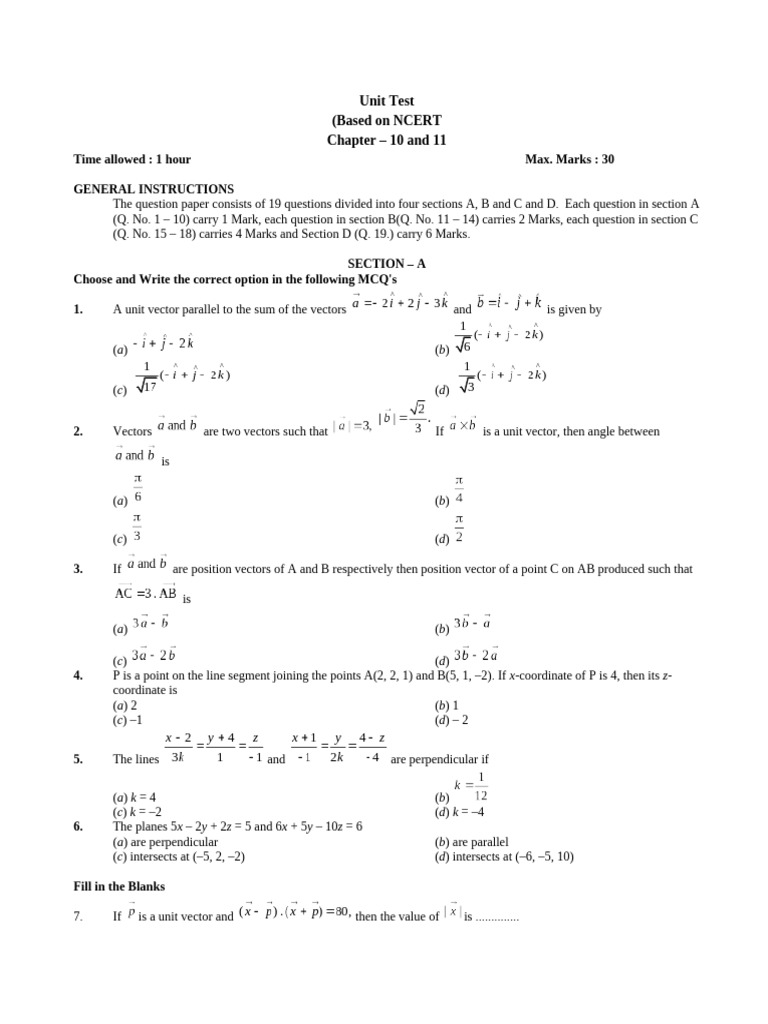XII Maths Unit Test - Chapter - 10 and 11 (Dr. Amit Bajaj) | PDF | Line ...