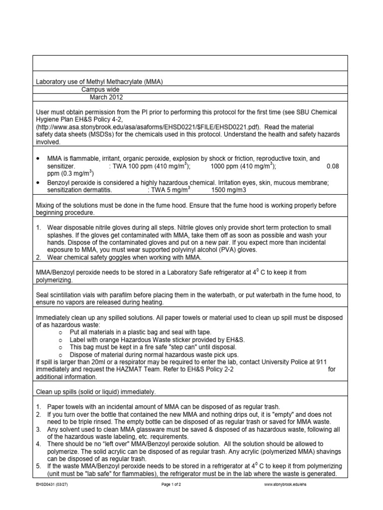 Hazard Review - StaMethyl Methacrylate Sop | PDF | Waste | Laboratories