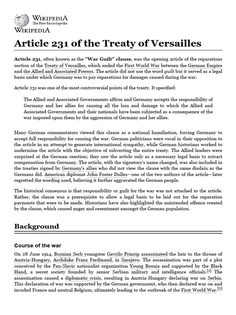 Article 231: War Guilt Clause Explained | PDF | World War I Reparations ...
