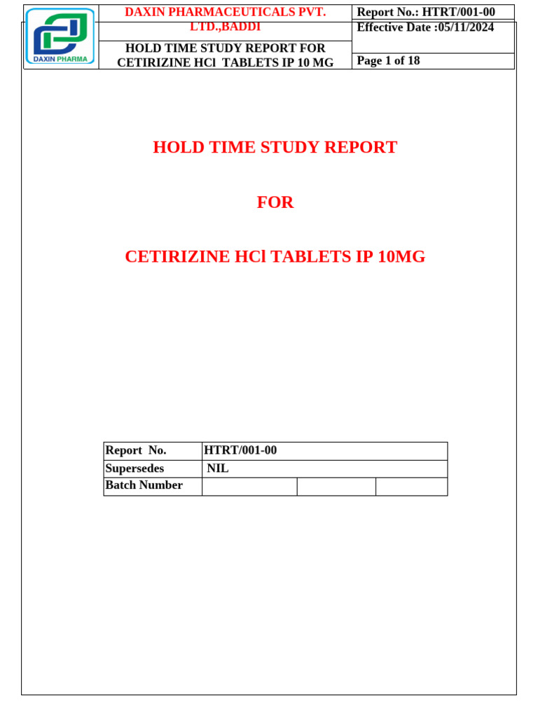Hold Time Study for Cetirizine Tablets | PDF | Tablet (Pharmacy)
