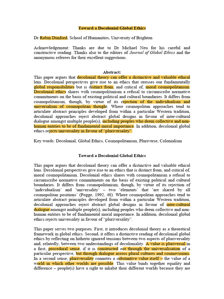 Decolonial Perspectives on Global Ethics | PDF | Cosmopolitanism | Modernity
