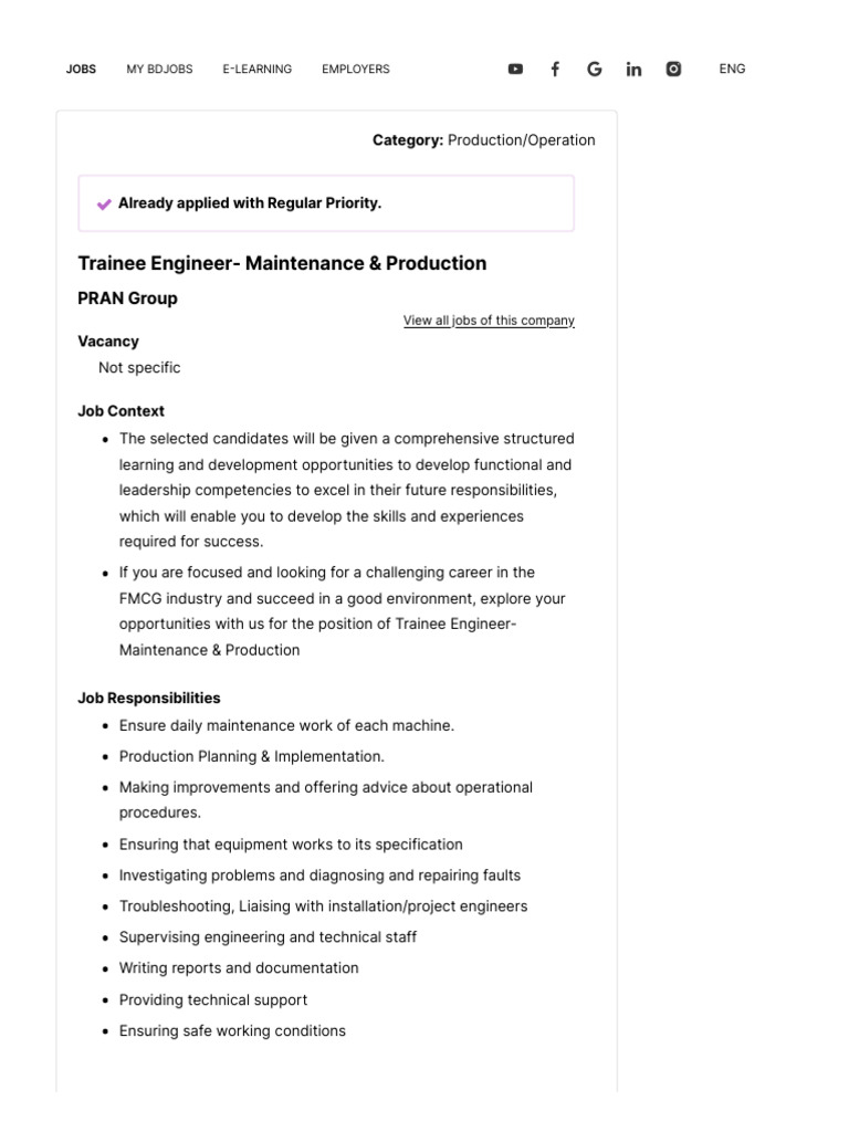 Trainee Engineer - Maintenance & Production - PRAN Group | PDF | Engineer | Mobile App