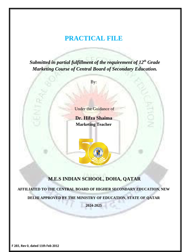 MKT 1 Practical File Front Sheet | PDF | Teachers | Educational Stages