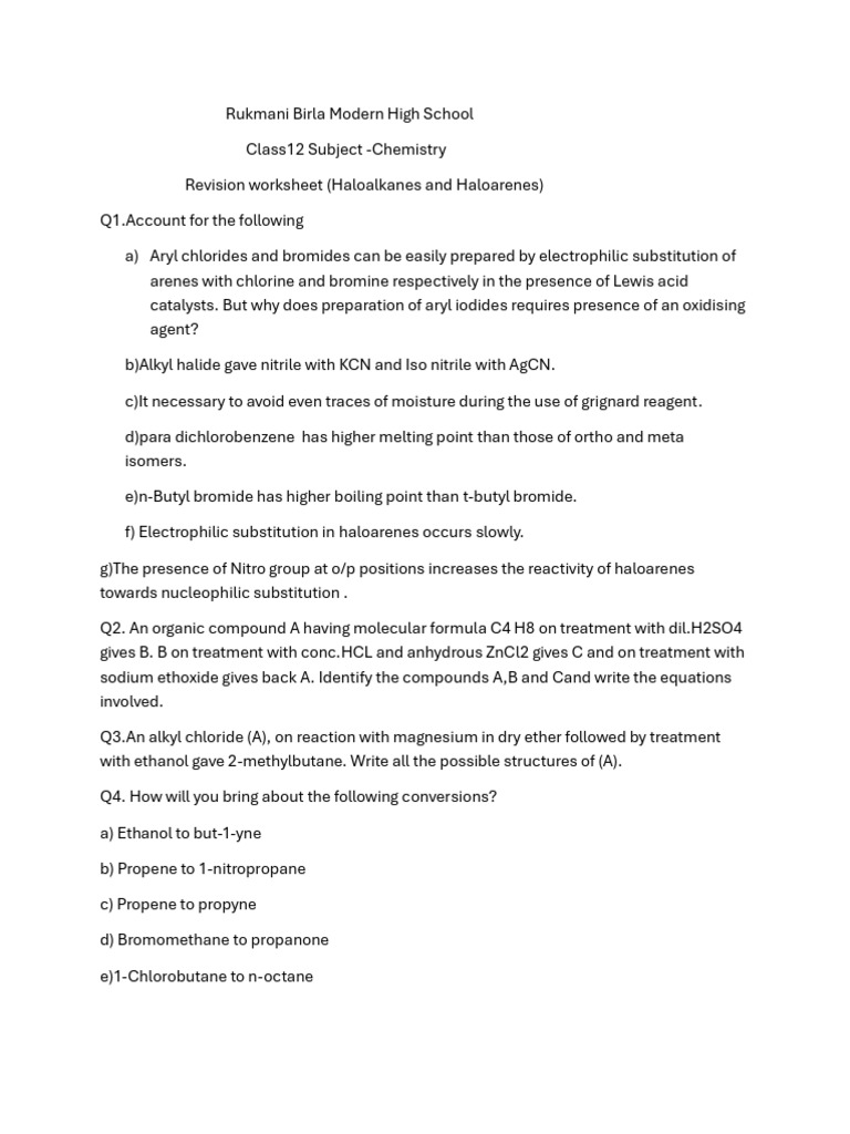 Revision Worksheet Haloalkanes and Haloarenes | PDF | Home & Garden ...