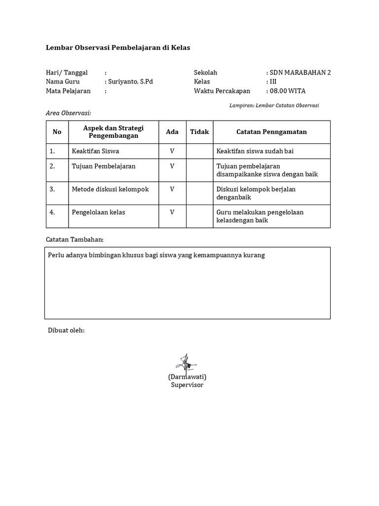 2 - Lembar Observasi Pembelajaran Di Kelas | PDF | Karier & Perkembangan
