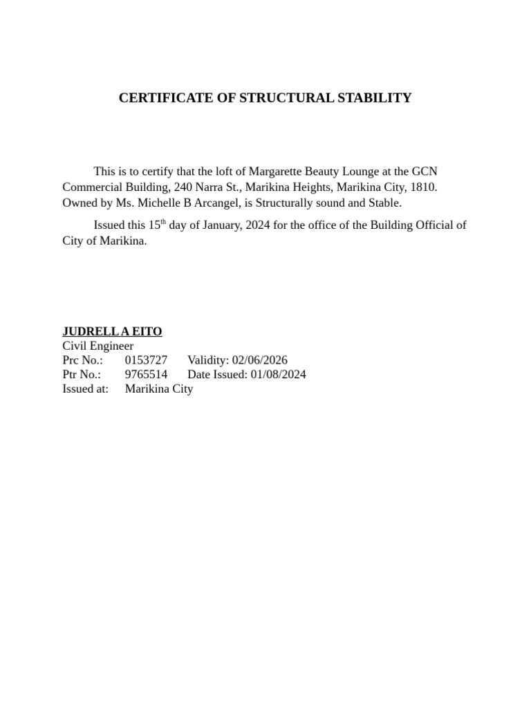Certificate of Structural Stability | PDF