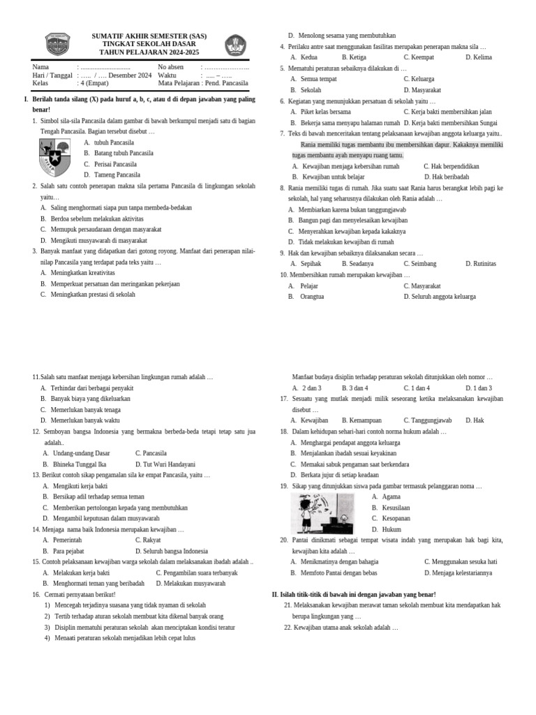 Soal Pend. Pancasila Kelas 4 Ganjil | PDF