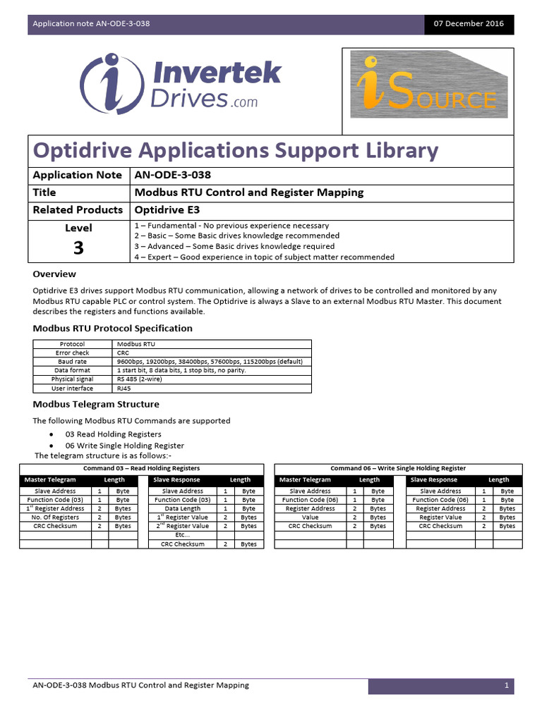 AN-ODE-3-038 Modbus RTU Control and Register Mapping Iss02 | PDF ...