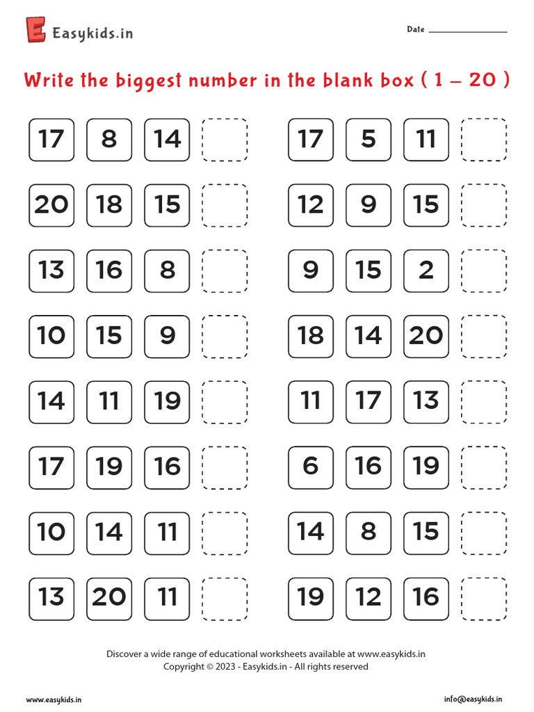 Write The Biggest Number LKG Worksheet | PDF