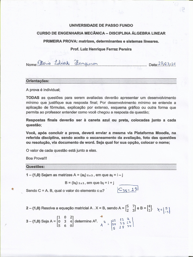Prova 1 Algebra Linear | PDF