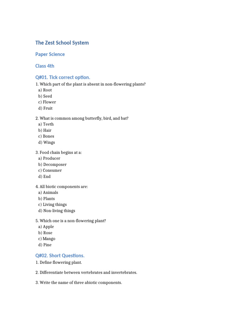 The Zest School Paper Science Class 4th | PDF | Wellness
