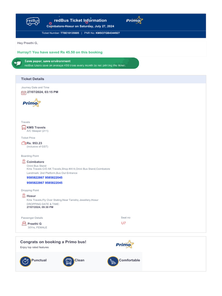 KMS Travels Coimbatore to Hosur Ticket Details | PDF
