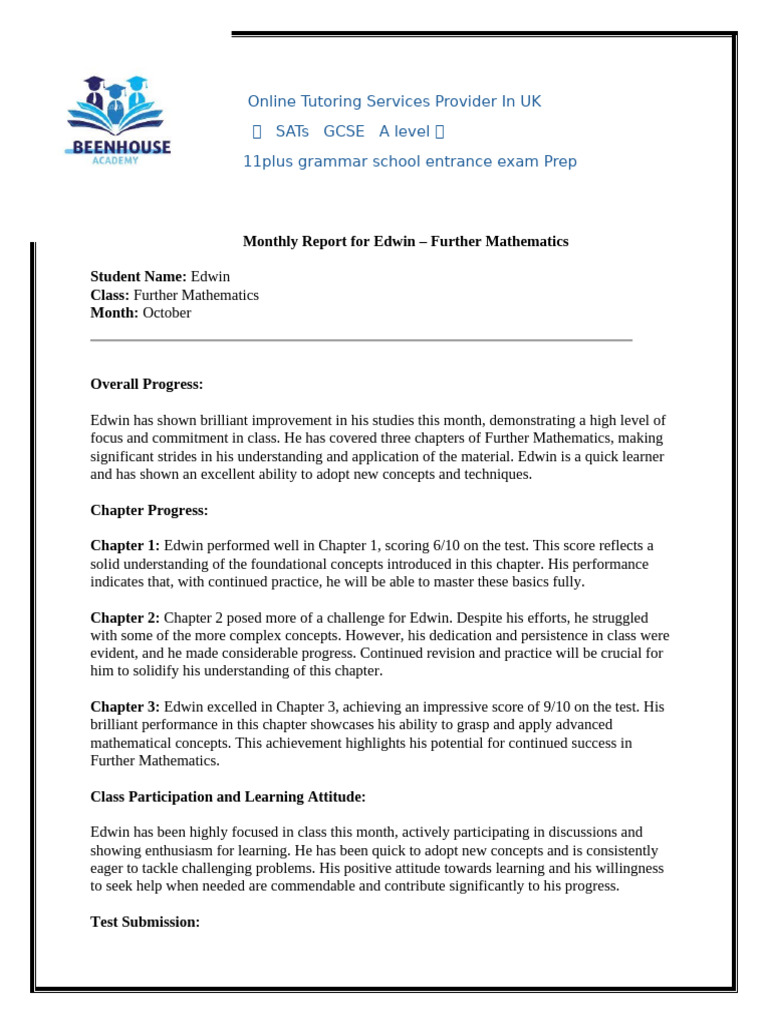 Edwin's Maths Report (Oct) | PDF | Mathematics | Learning