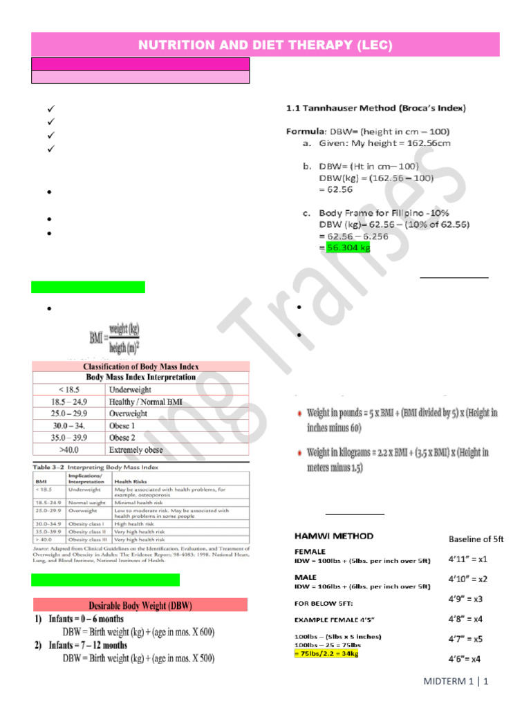 Nutrition - Lec (Midterm) Not So Final | PDF | Malnutrition | Body Mass Index