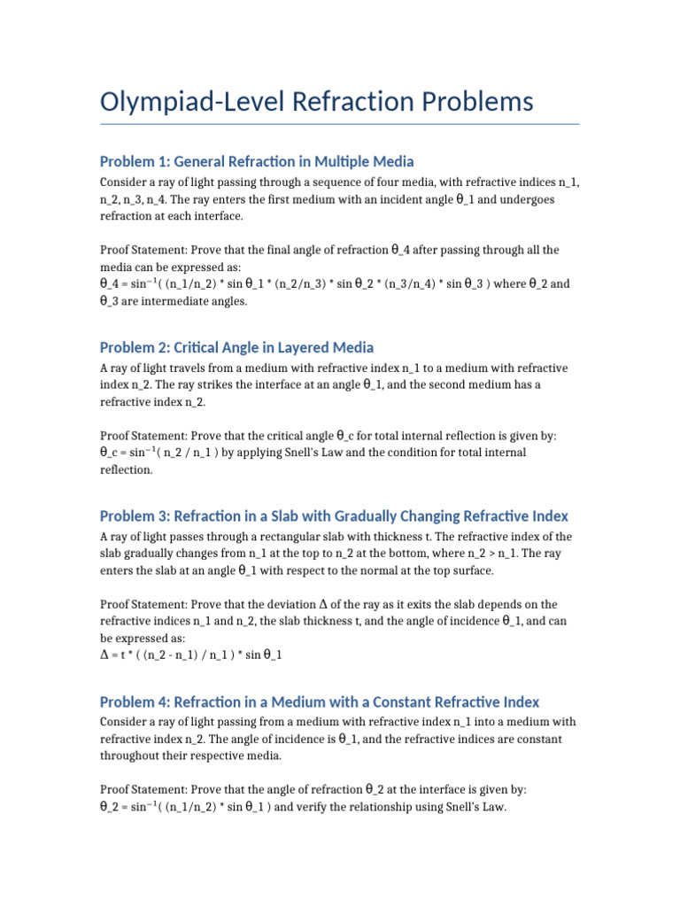 Olympiad Refraction Problems With Hints | PDF | Refraction | Refractive ...