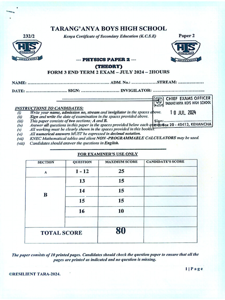 Tara Boys Form 3 End Term 2 Exam 2024 | PDF