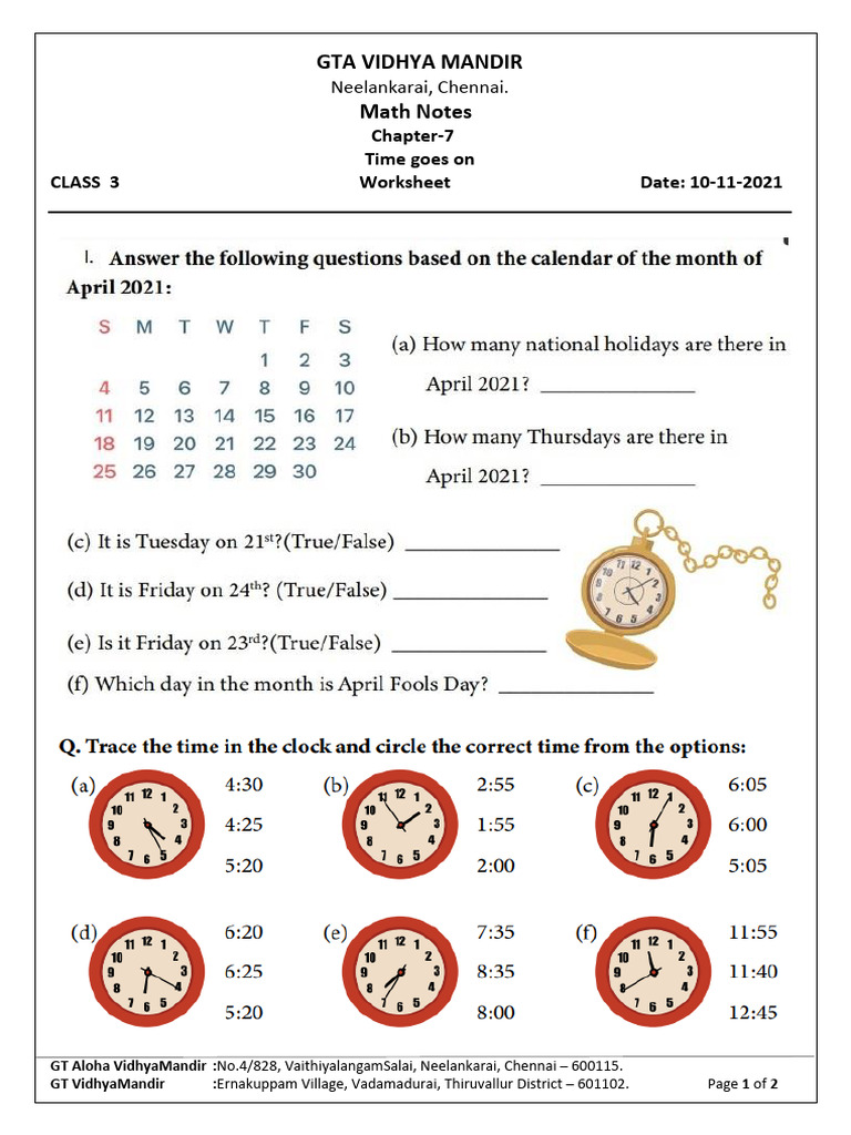 Class 3 Time Goes On Worksheet 2 | PDF