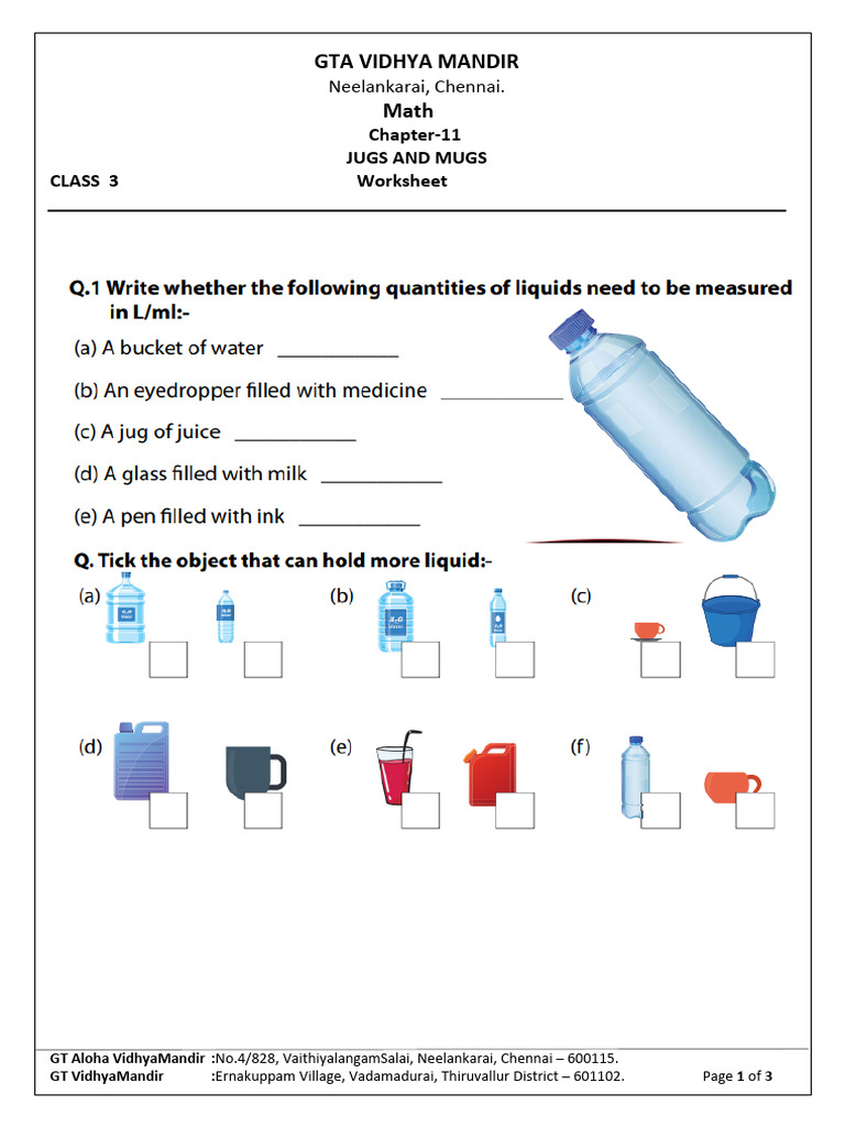 MAth Class 3 - Worksheet. Jugs and Mugs | PDF