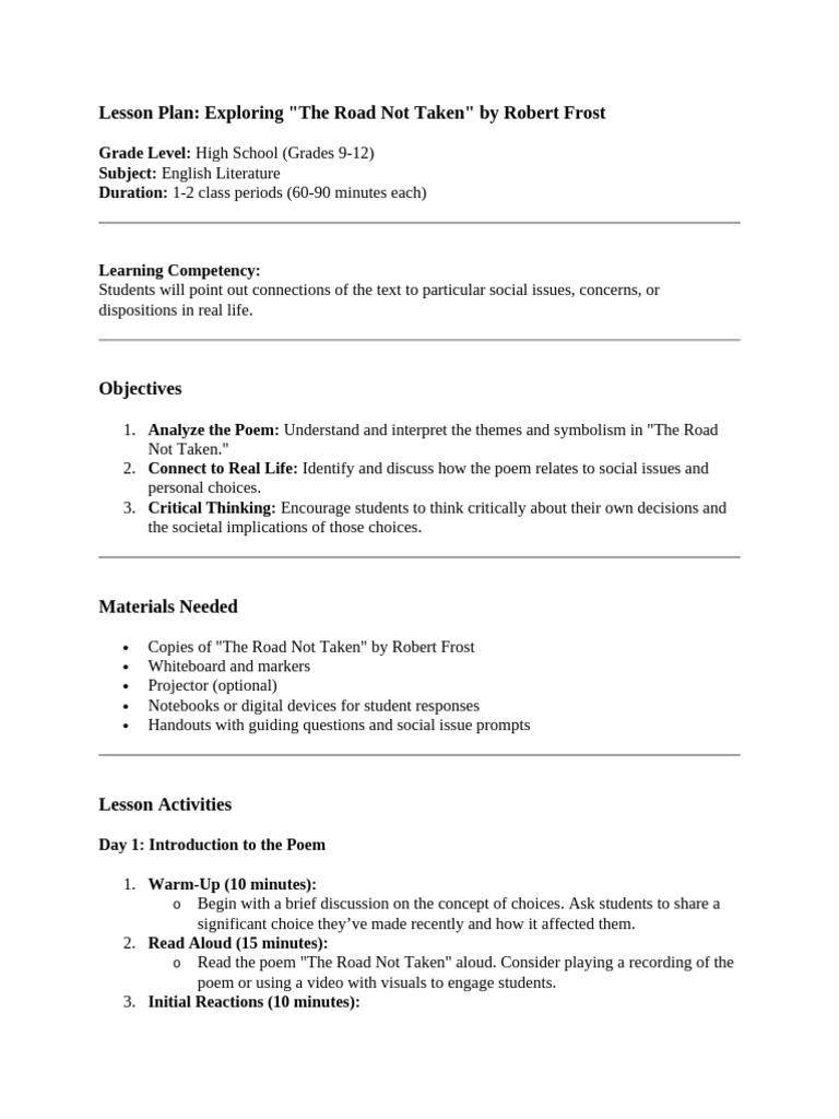 Lesson Plan for "The Road Not Taken" | PDF | Poetry | Human Communication
