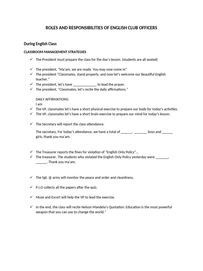 English Club Officer Responsibilities | PDF