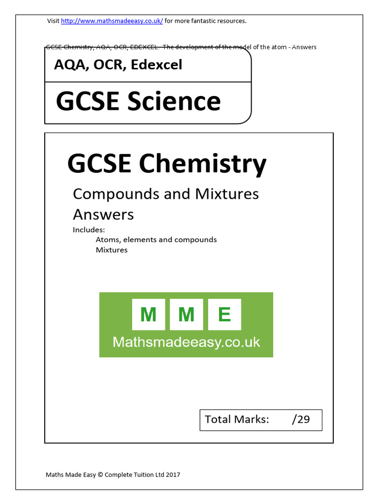 GCSE Chemistry AQA OCR EDEXCEL. Compounds and Mixtures. Answers | PDF ...