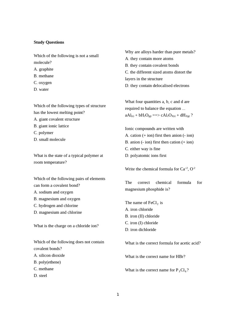 Study Questions | PDF | Ion | Chlorine