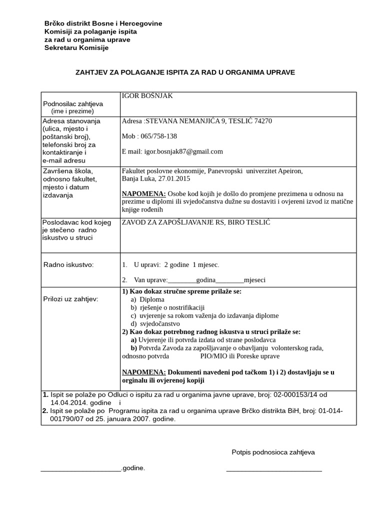 ZAHTJEV - Strucni Ispit | PDF