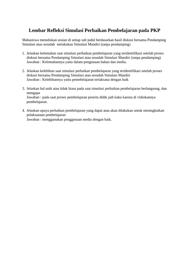 Lembar Refleksi Simulasi Perbaikan Pembelajaran PKP | PDF