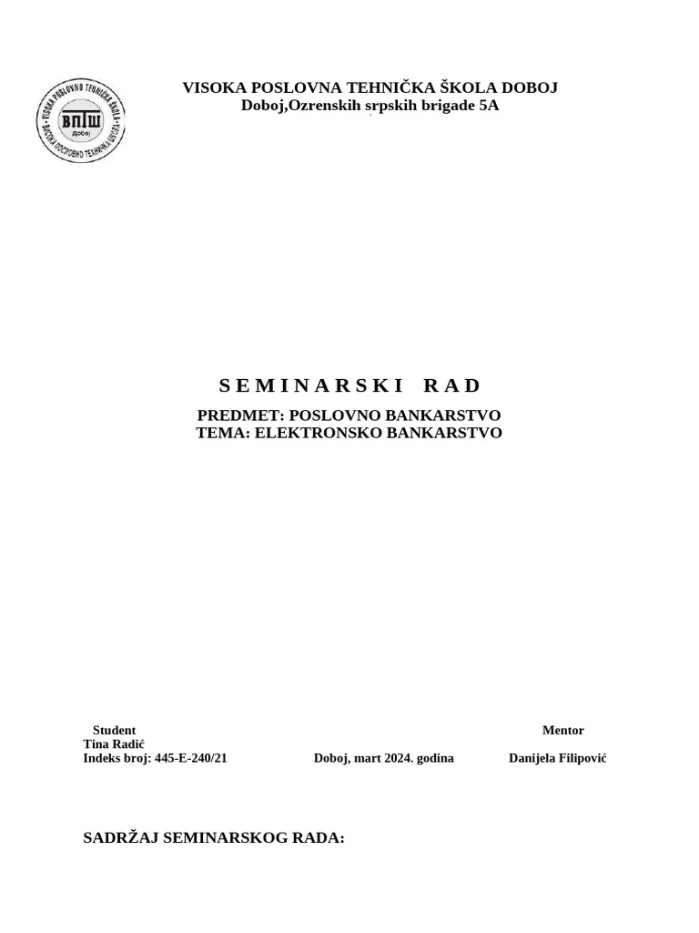 Seminarski Rad - Elektronsko Bankarstvo. | PDF