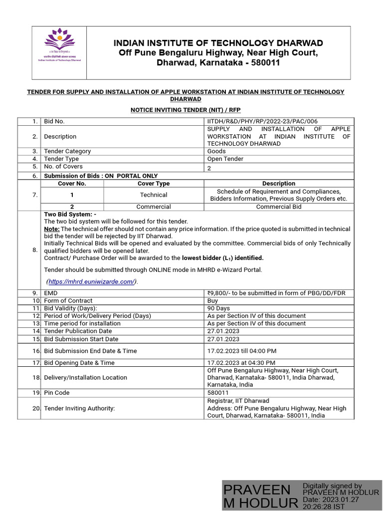 IIT Dharwad Tender for Apple Workstation | PDF | Procurement | Liquidated Damages