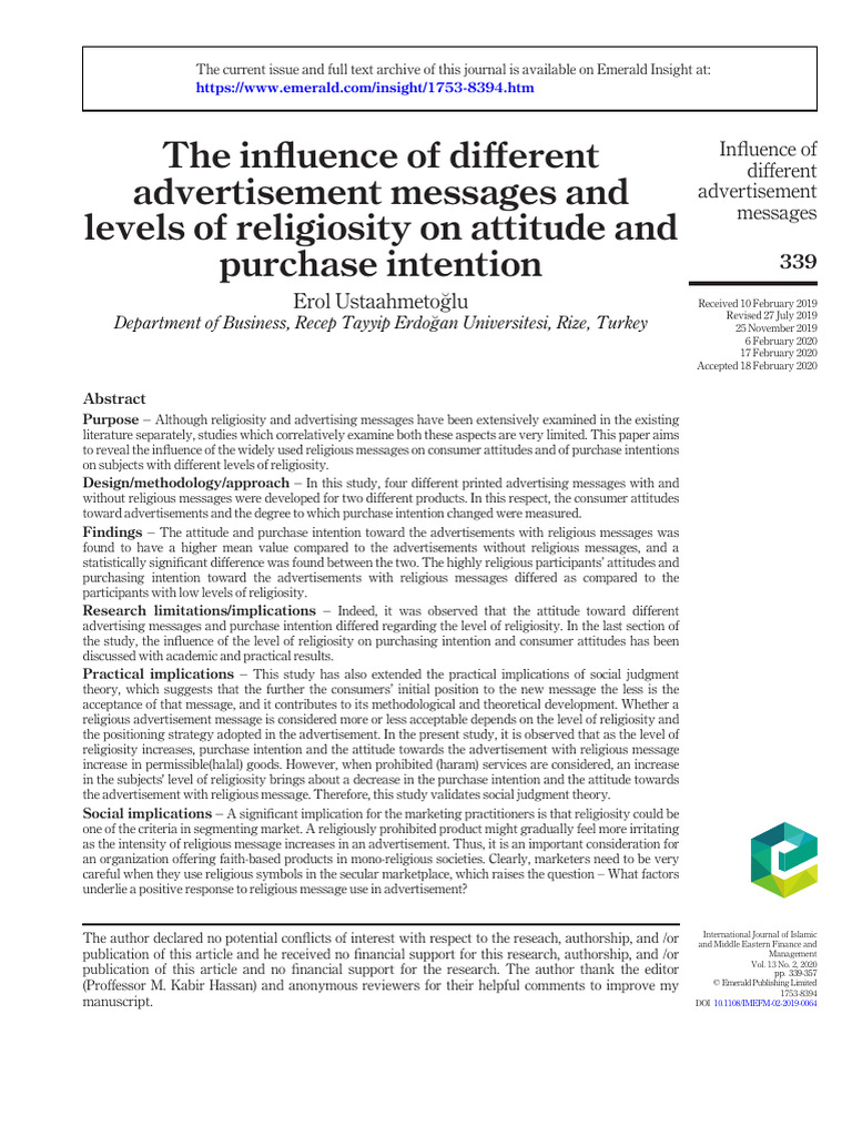 The Influence of Different Advertisement Messages and Levels of Religiosity On Attitude and ...