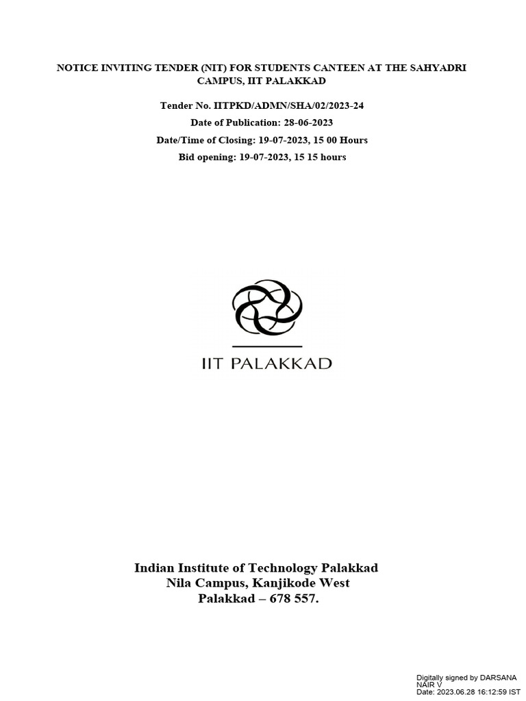 IIT Palakkad - Students Canteen - Sahyadri Campus - 2023 | PDF | Arbitration | Breach Of Contract