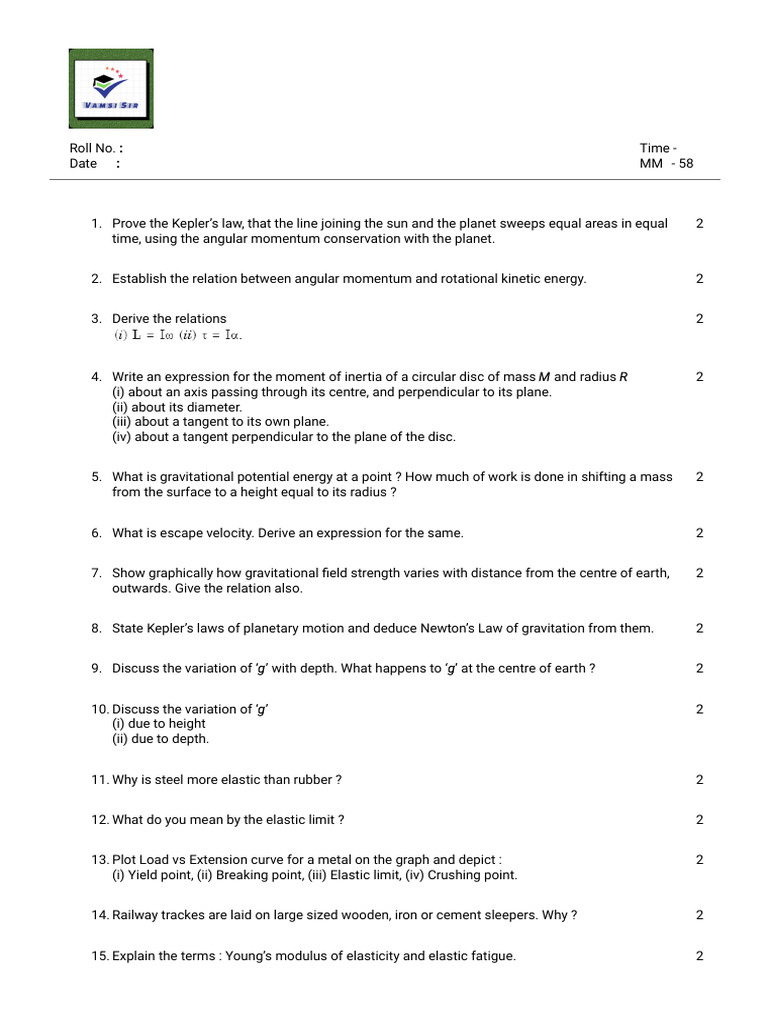 11th Phy IMP Questions CH 6,7,8 | PDF | Angular Momentum | Velocity