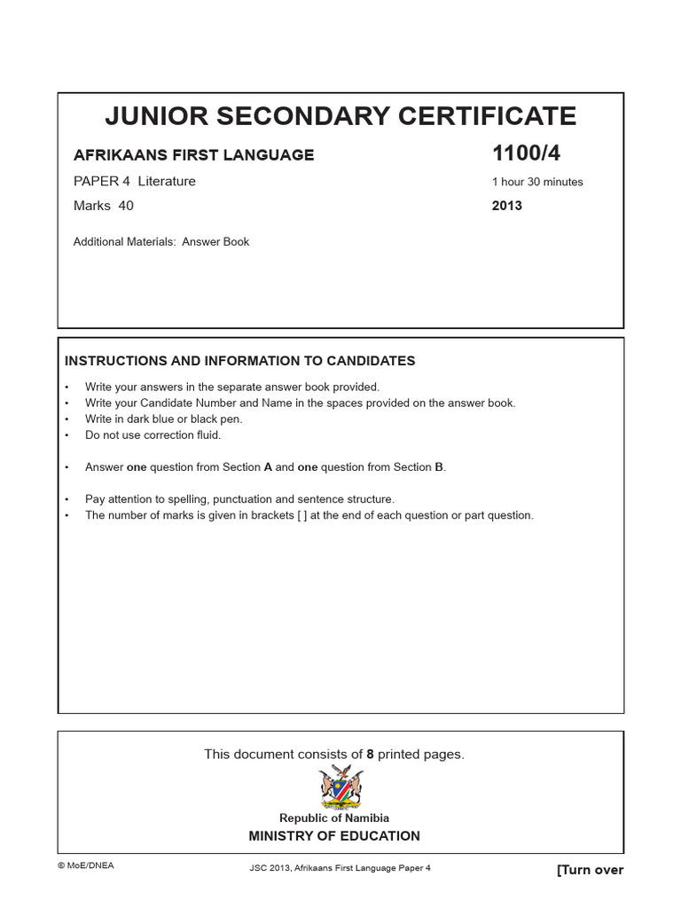 Junior Secondary Certificate: Afrikaans First Language | PDF