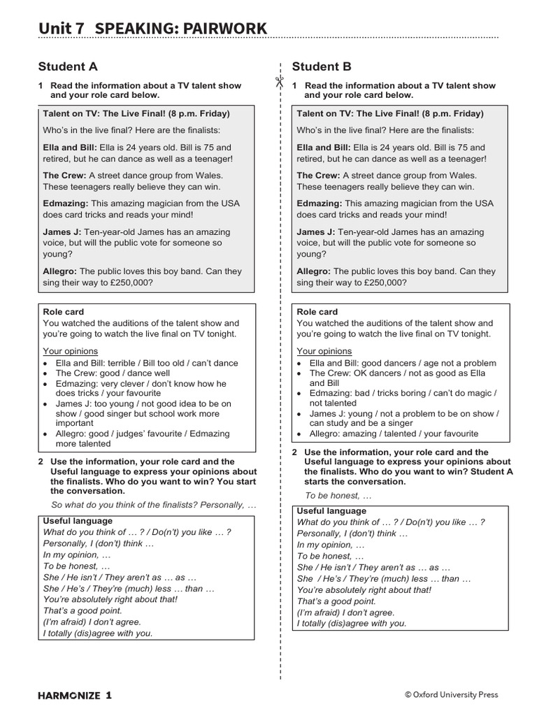 Harmonize 1 TRM Pairwork Unit 7 Worksheets | PDF