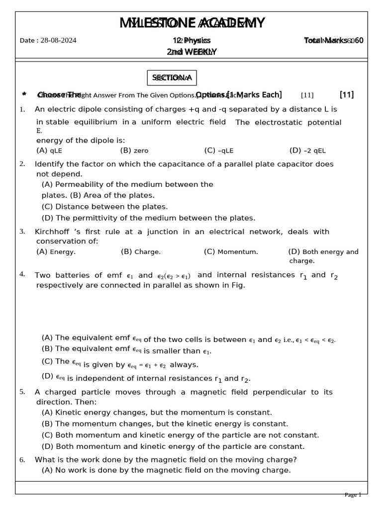 CL-12_2nd_WT-2024-25 | PDF | Electric Current | Magnetic Field