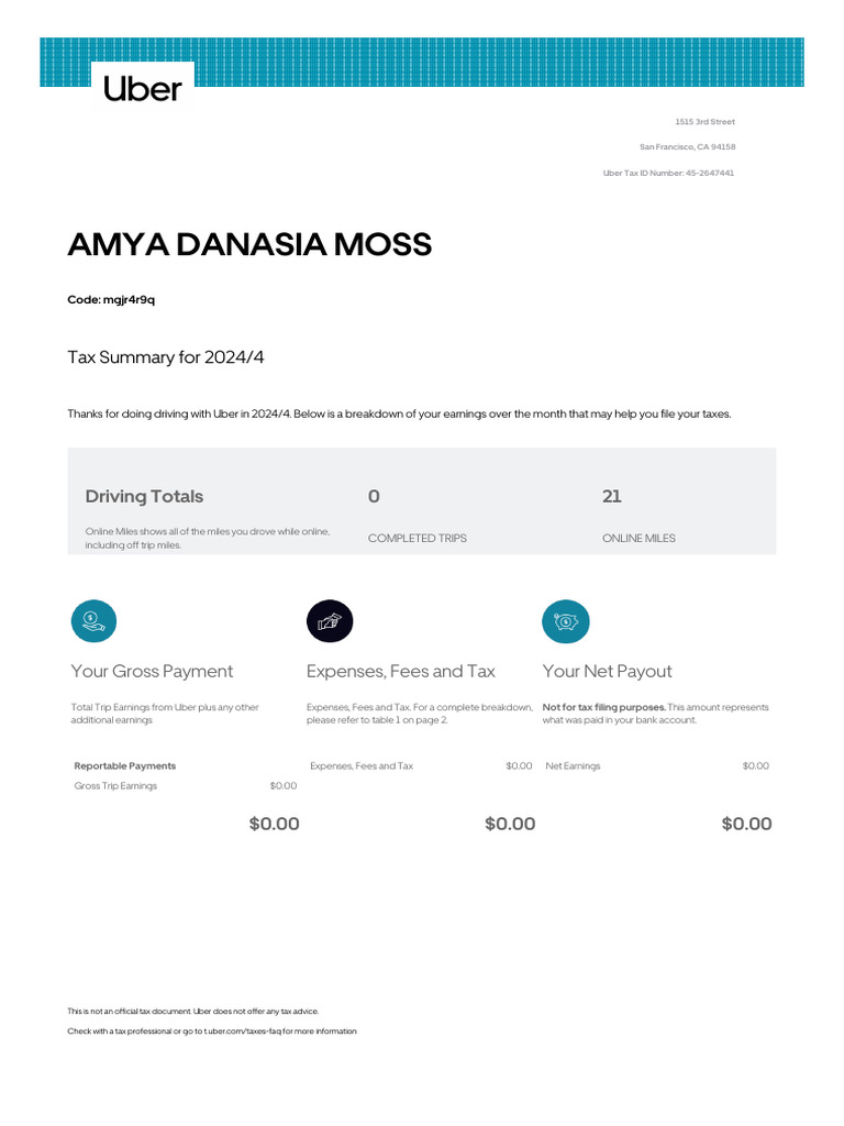 Uber Monthly 2024 4 | PDF | Taxes | Payments