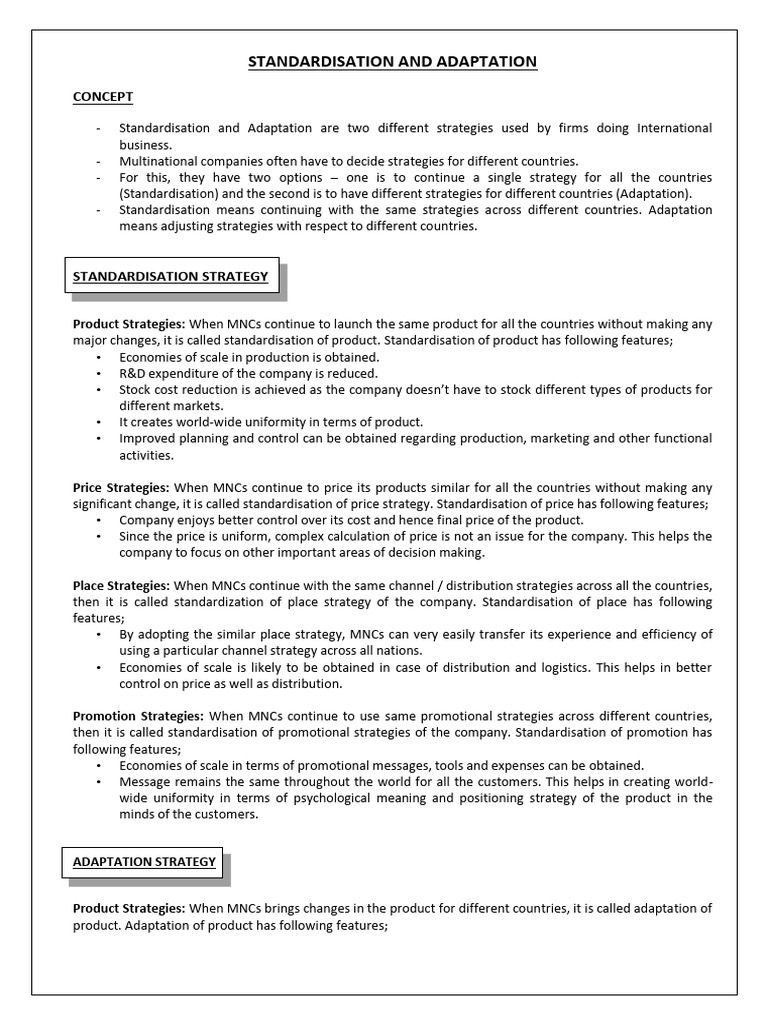 Standardisation Vs Adaptation | PDF | Standardization | Brand