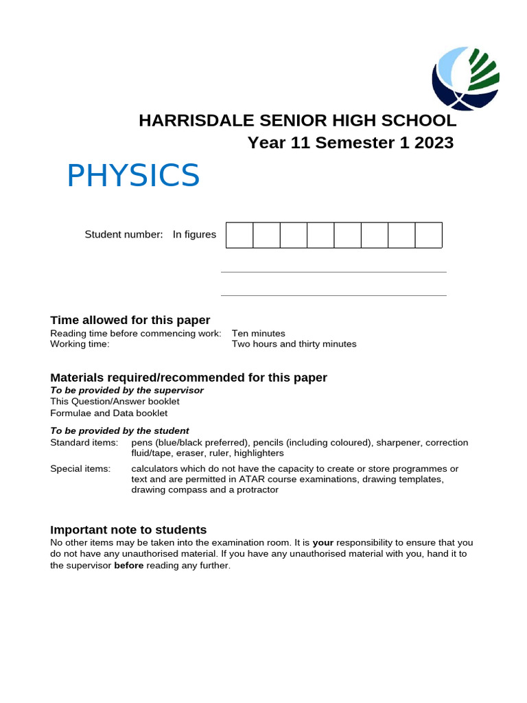 Harrisdale Year 11 Physics Exam 2023 | PDF | Nuclear Reaction | Thermal ...