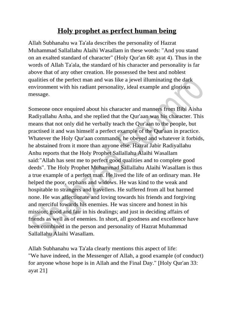 Holy Prophet As Perfect Human Being | PDF