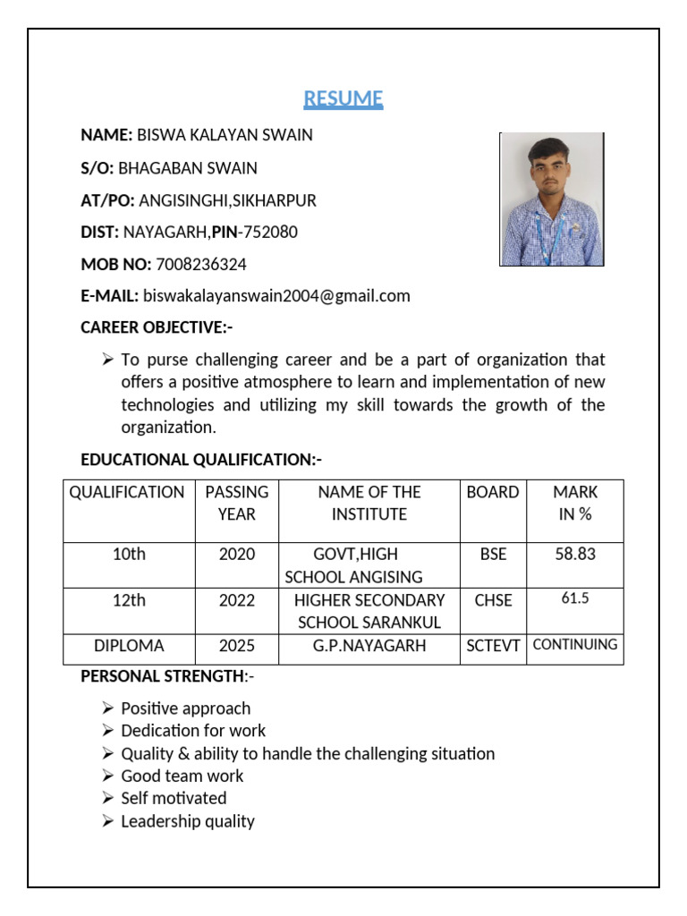 Resume: Name: S/O: AT/PO: Dist: PIN Mob No: E-Mail: Career Objective | PDF