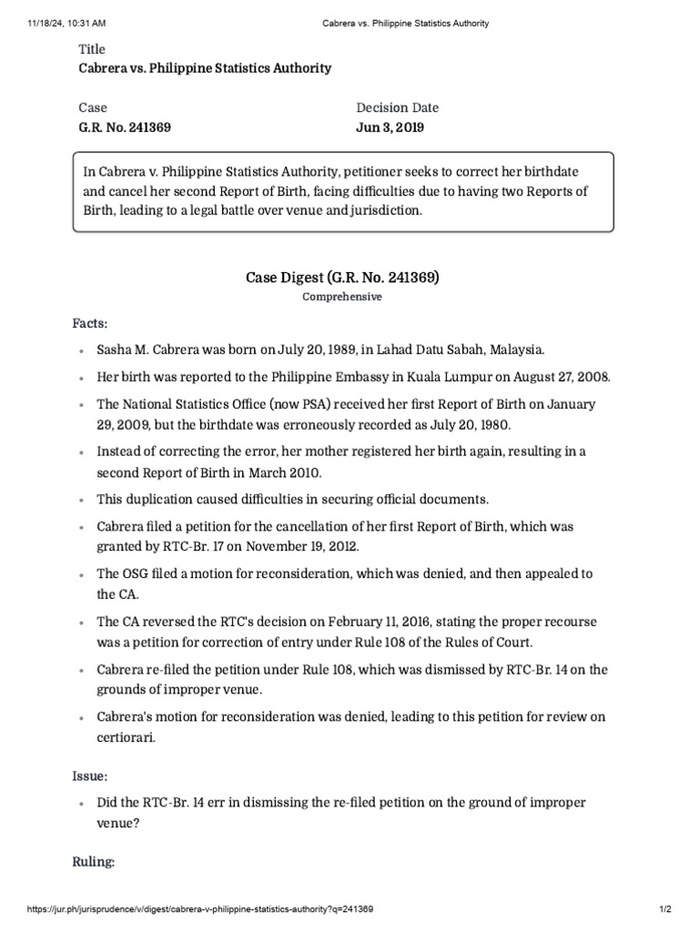 DIGEST Cabrera vs. Philippine Statistics Authority | PDF | National Supreme Courts | Courts